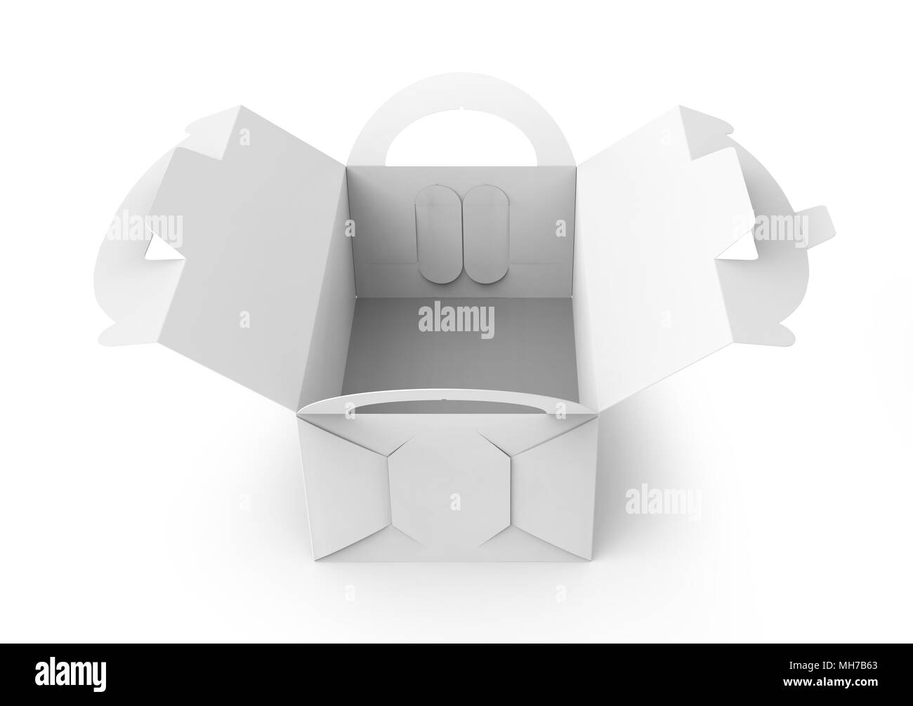 Blank open paper box with handle, gift or food carton package in 3d ...
