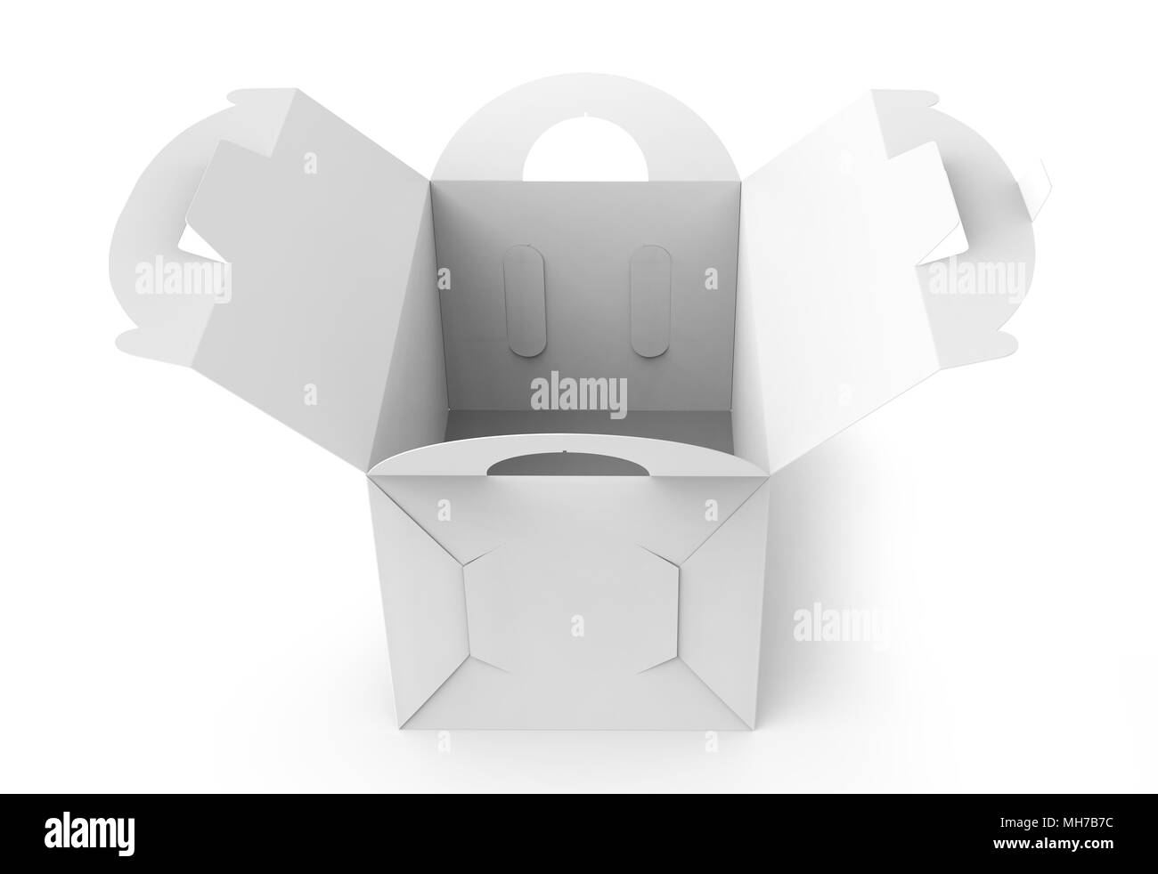 Blank open paper box with handle, gift or food carton package in 3d ...