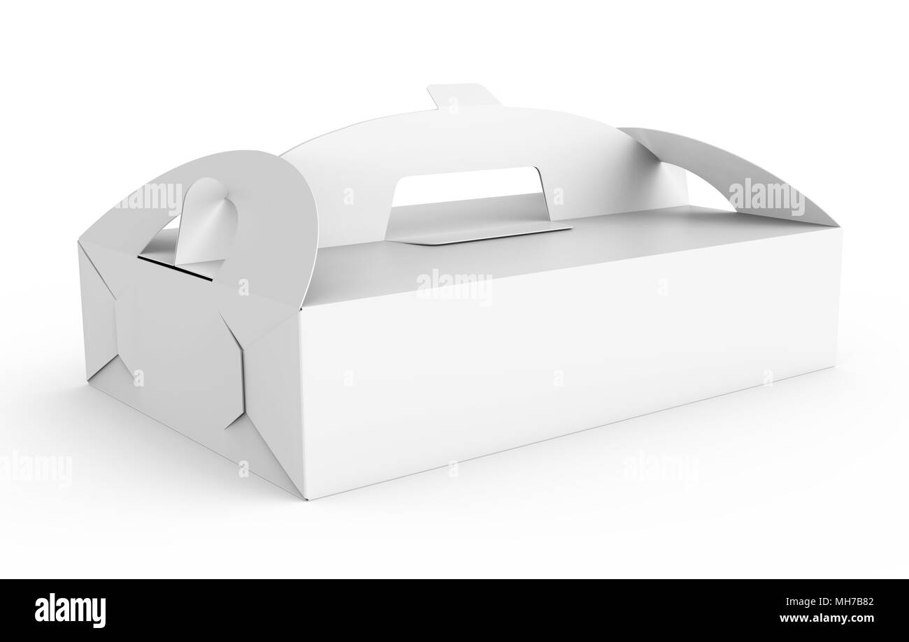 Blank paper box with handle, gift or food carton package in 3d render ...