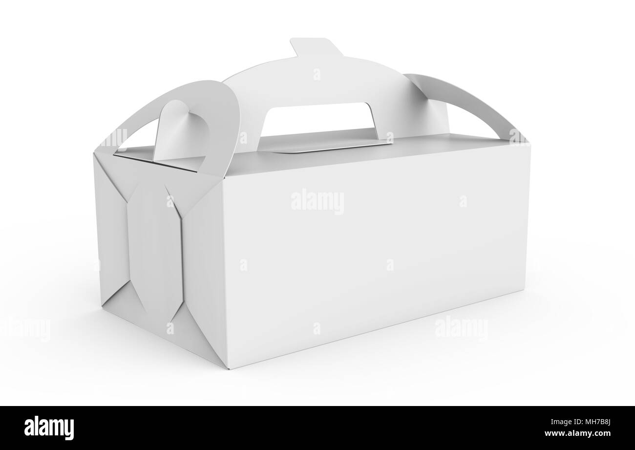 Blank paper box with handle, gift or food carton package in 3d render ...