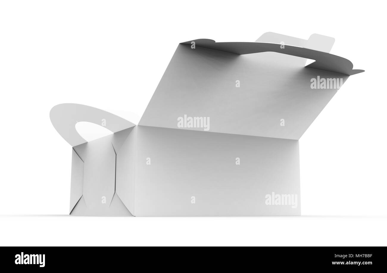 Blank open paper box with handle, gift or food carton package in 3d ...