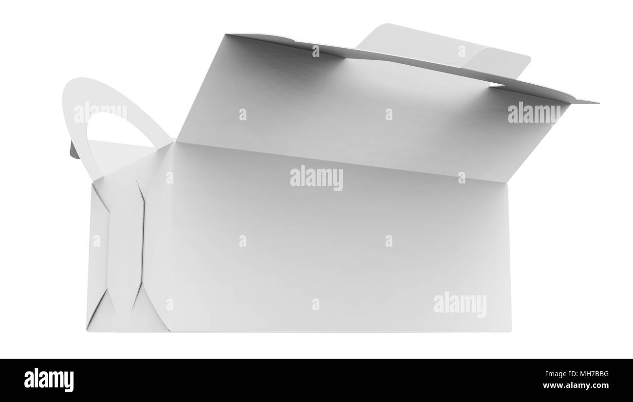 Blank open paper box with handle, gift or food carton package in 3d ...