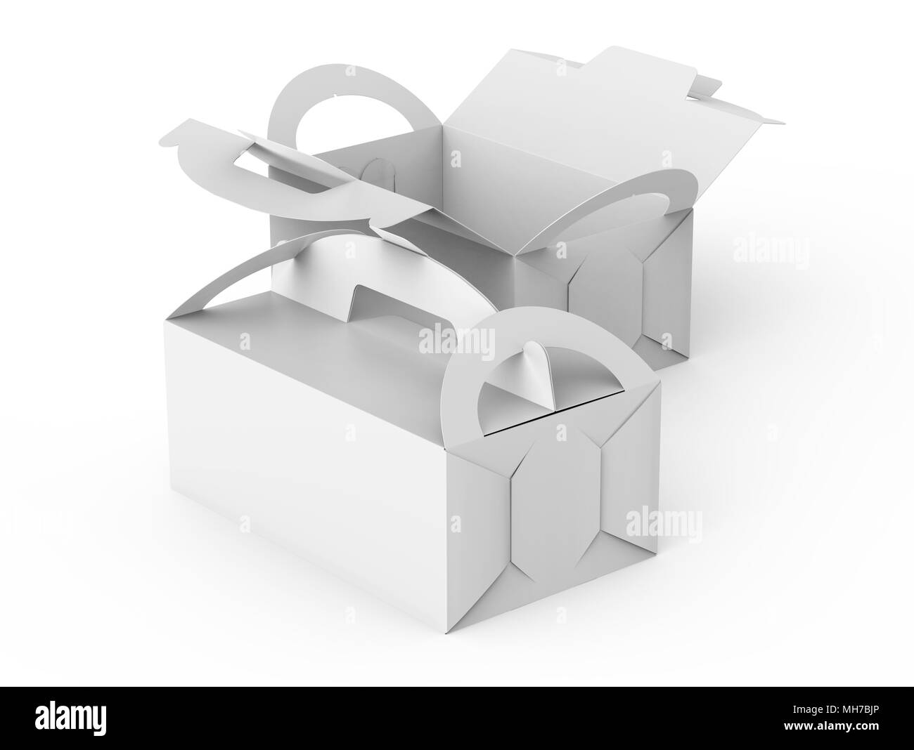 White box with handle, gift or food carton package set in 3d render for ...