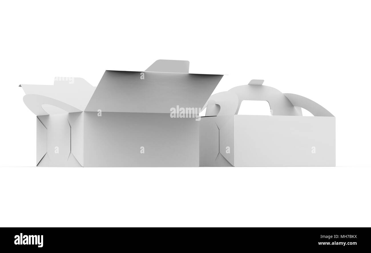 White box with handle, gift or food carton package set in 3d render for ...