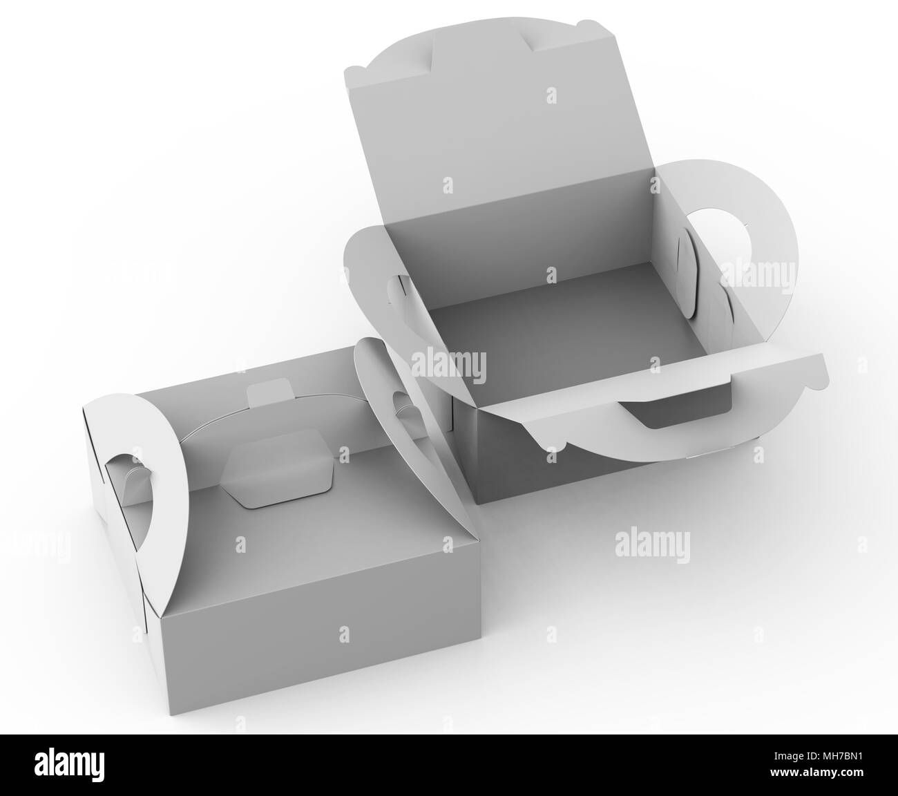White box with handle, gift or food carton package set in 3d render for ...