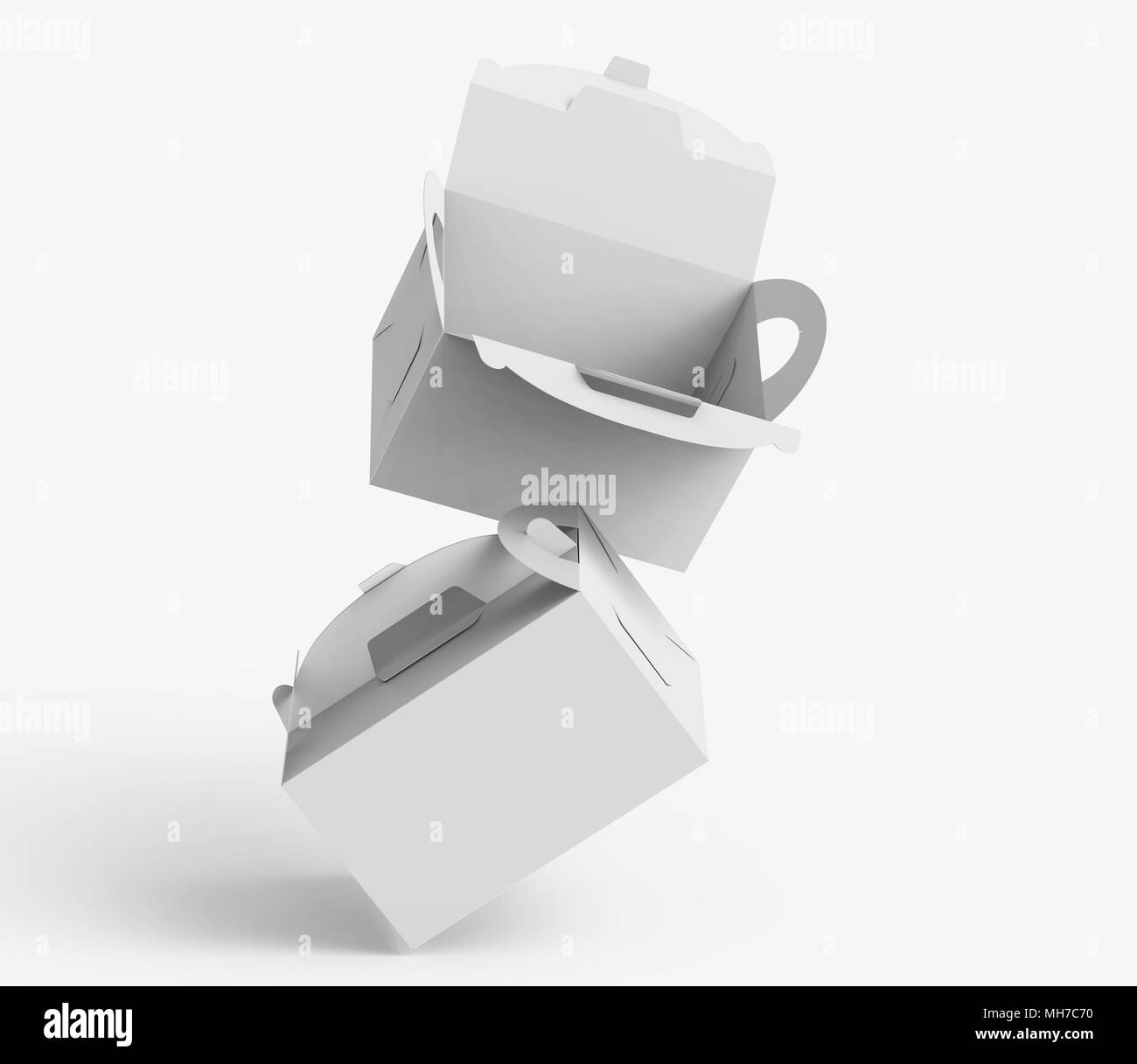White box with handle, gift or food carton package set in 3d render for ...