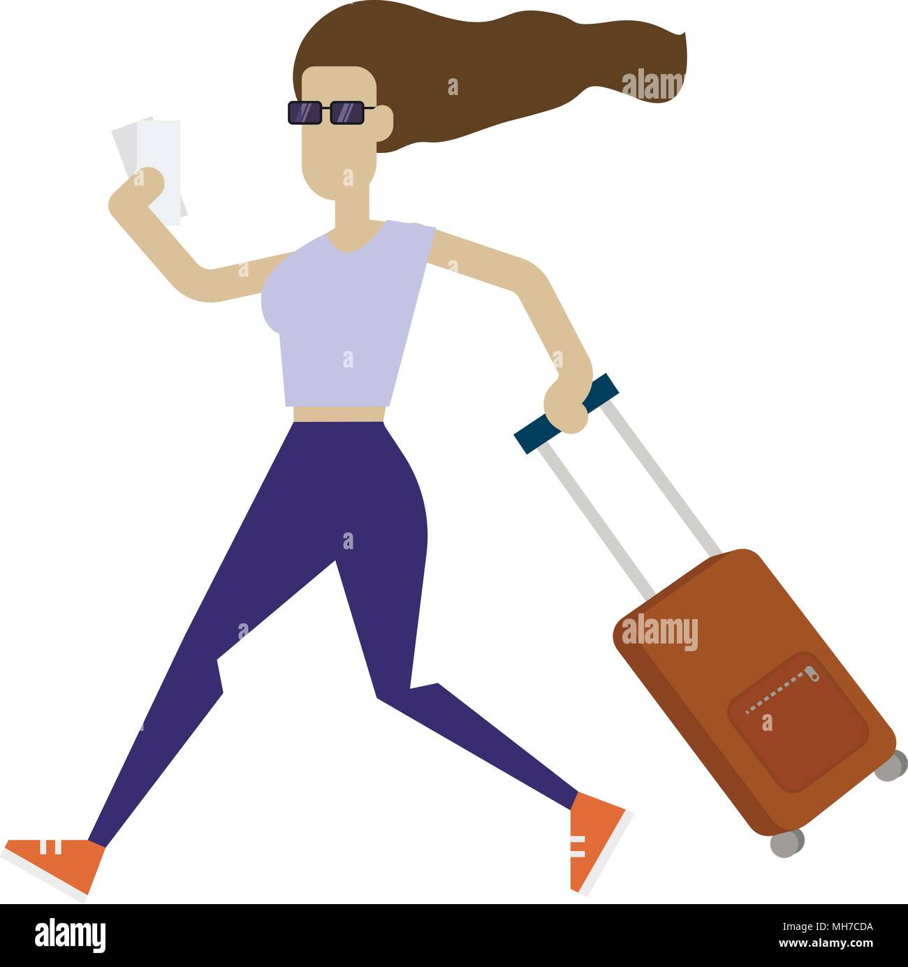 Young woman running with a suitcase. Stylish girl with a luggage bag ...