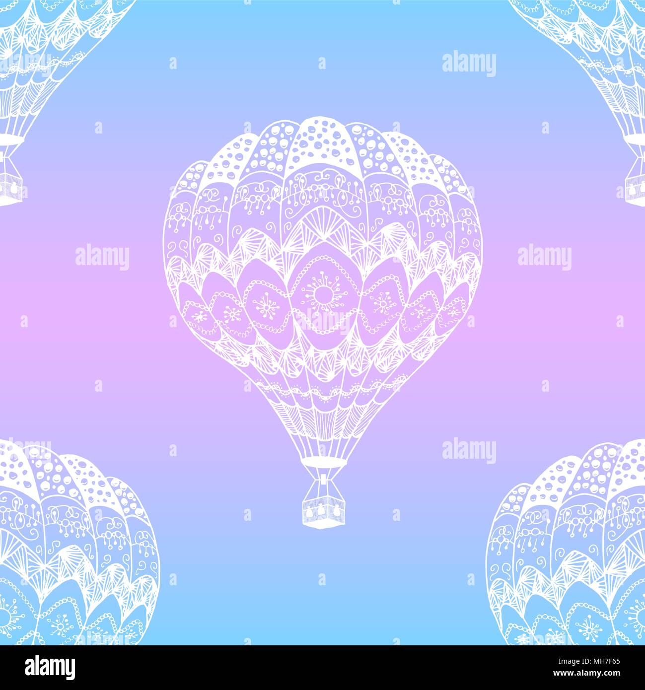 Vector seamless pattern of hot air balloon in zentangle style. White hand drawn hot air balloon ...