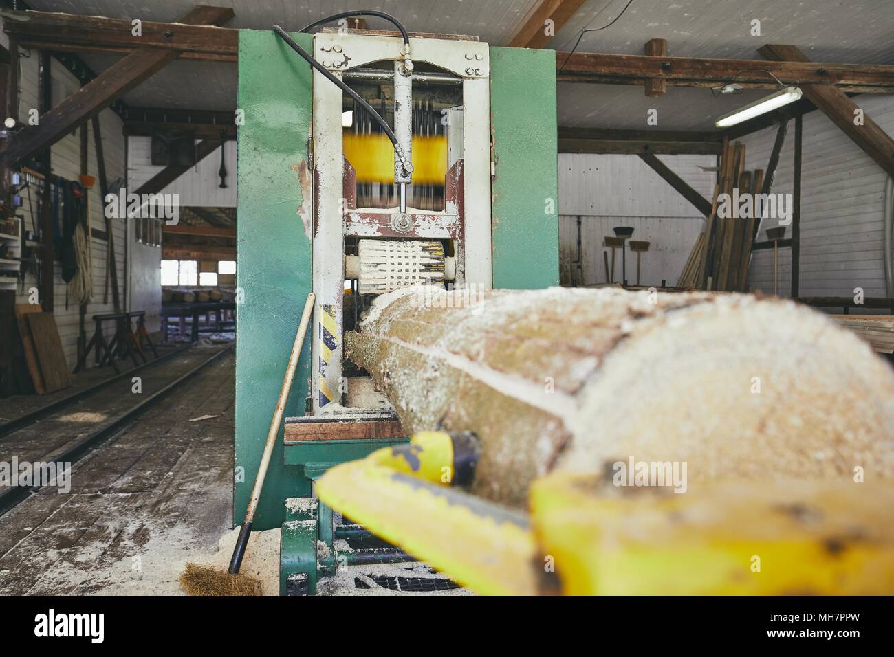 Lumber industry. Cutting of the tree trunk at the sawmill Stock Photo ...
