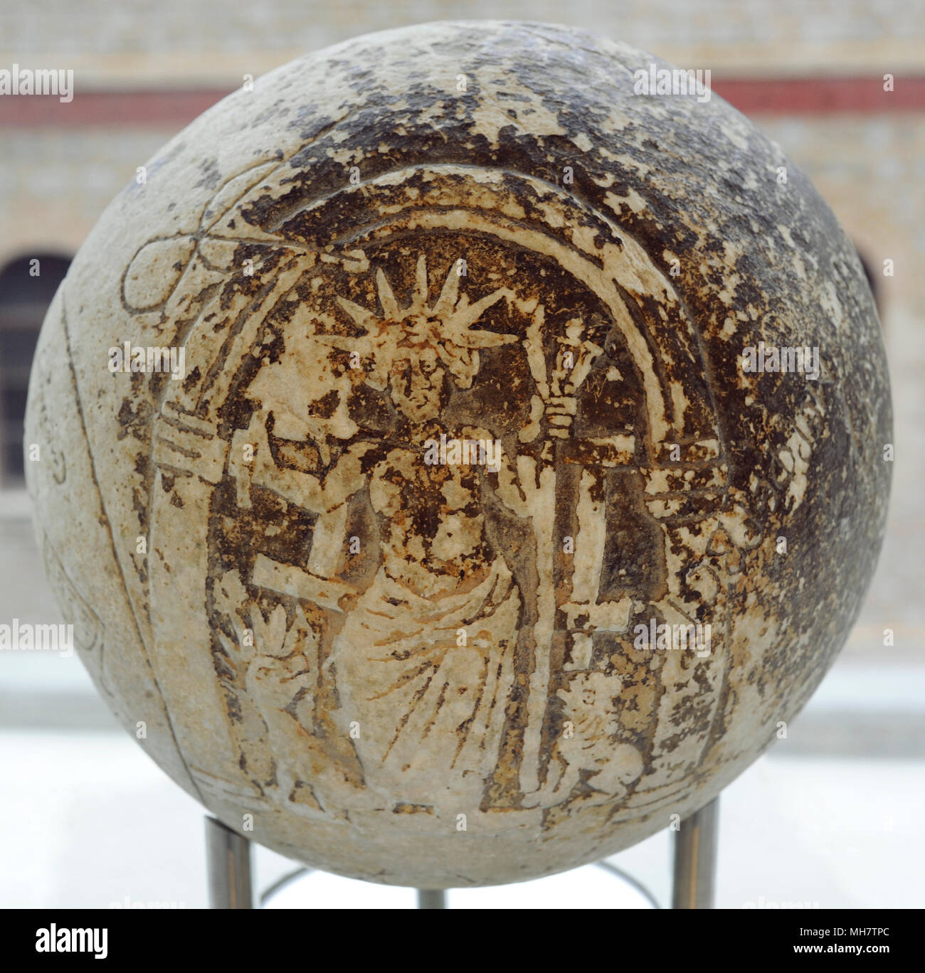 Magic Sphere. Depiction of the God Helios, a lion, a dragon and magical ...