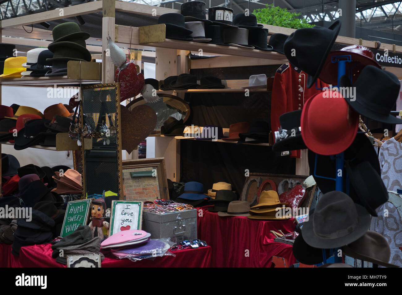 Hat stall inside Spitalfields Market East london Stock Photo - Alamy