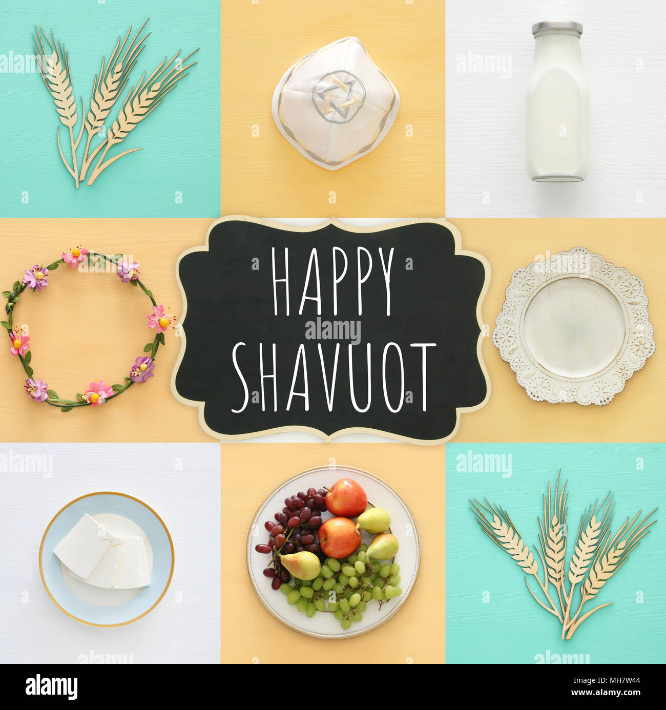 Top view collage image of dairy products and fruits. Symbols of jewish ...