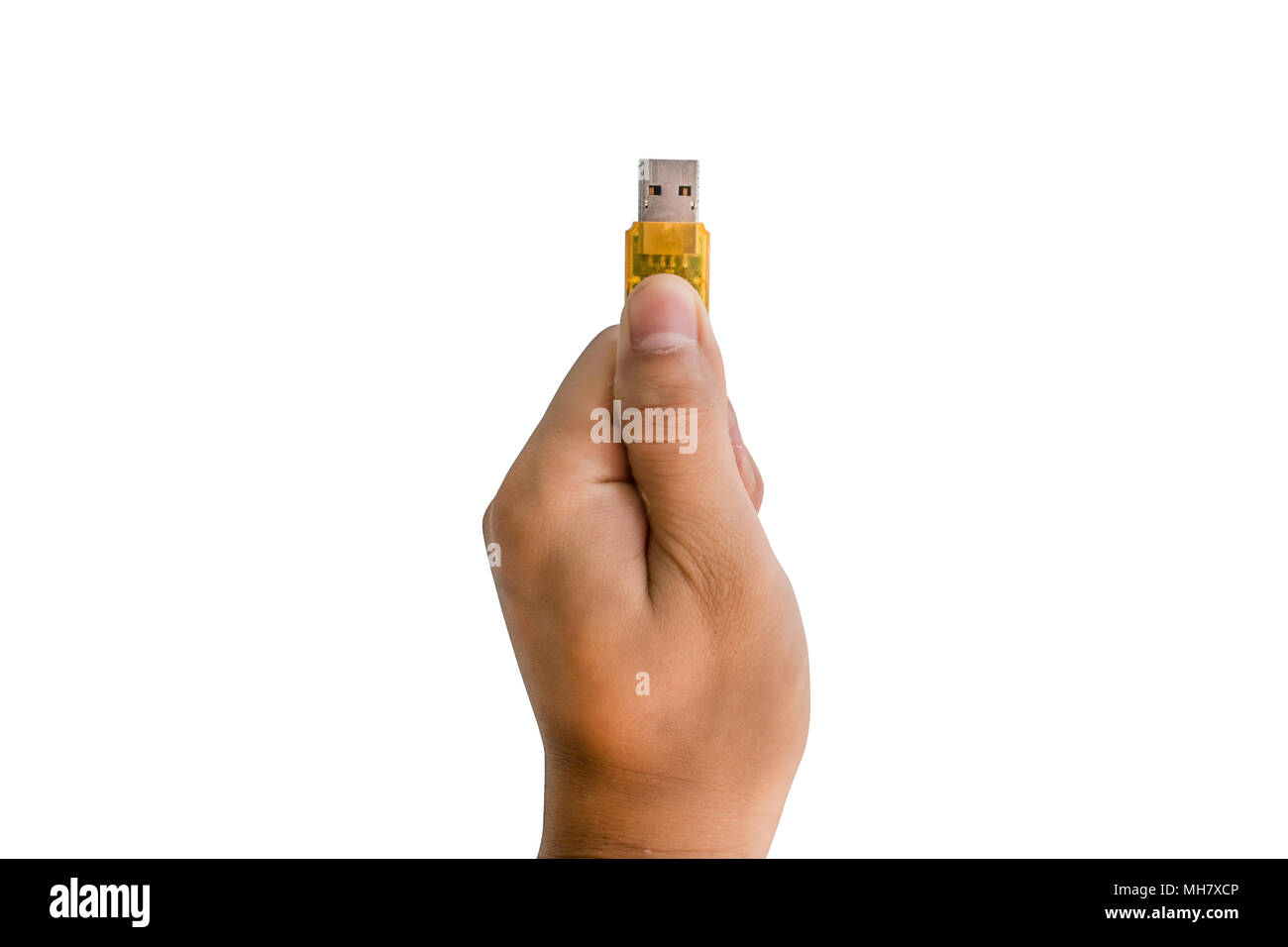 Hand holding flash drive isolated on white background with clipping ...