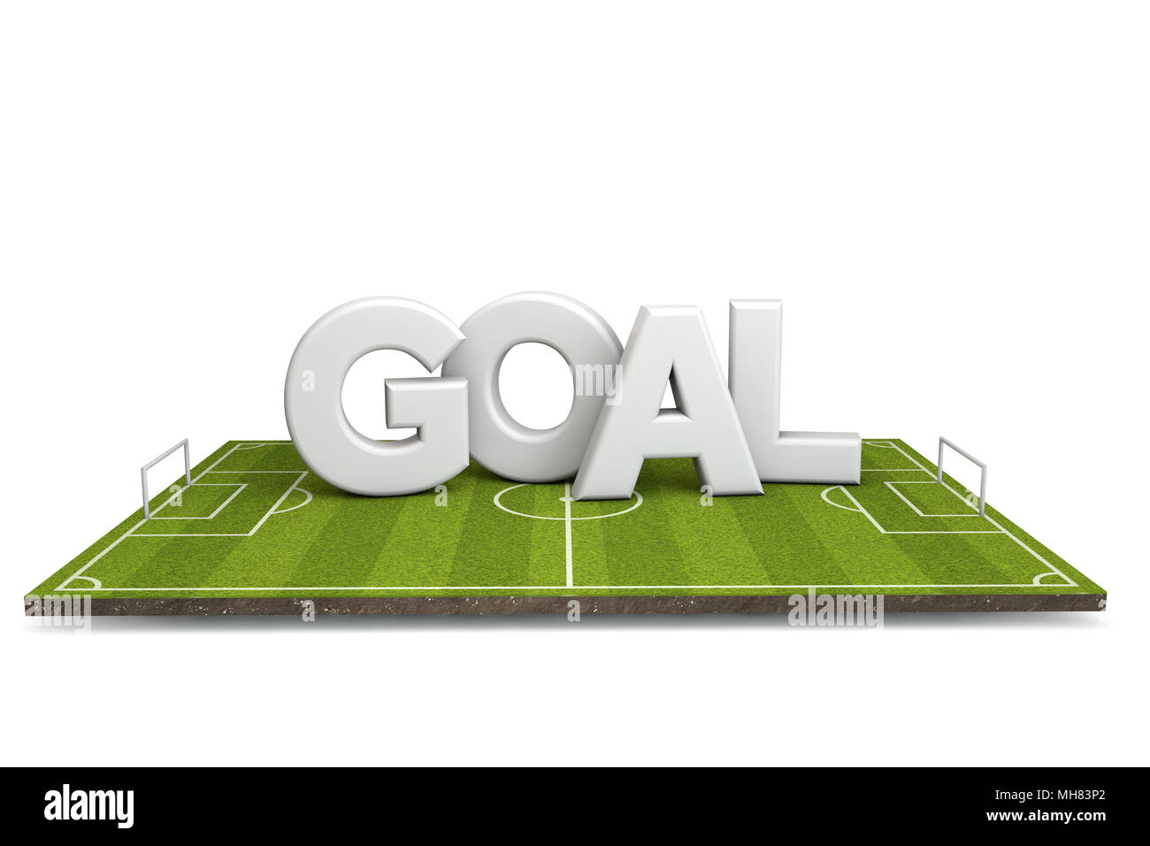 Football, soccer pitch with white goal text. 3D Rendering Stock Photo ...