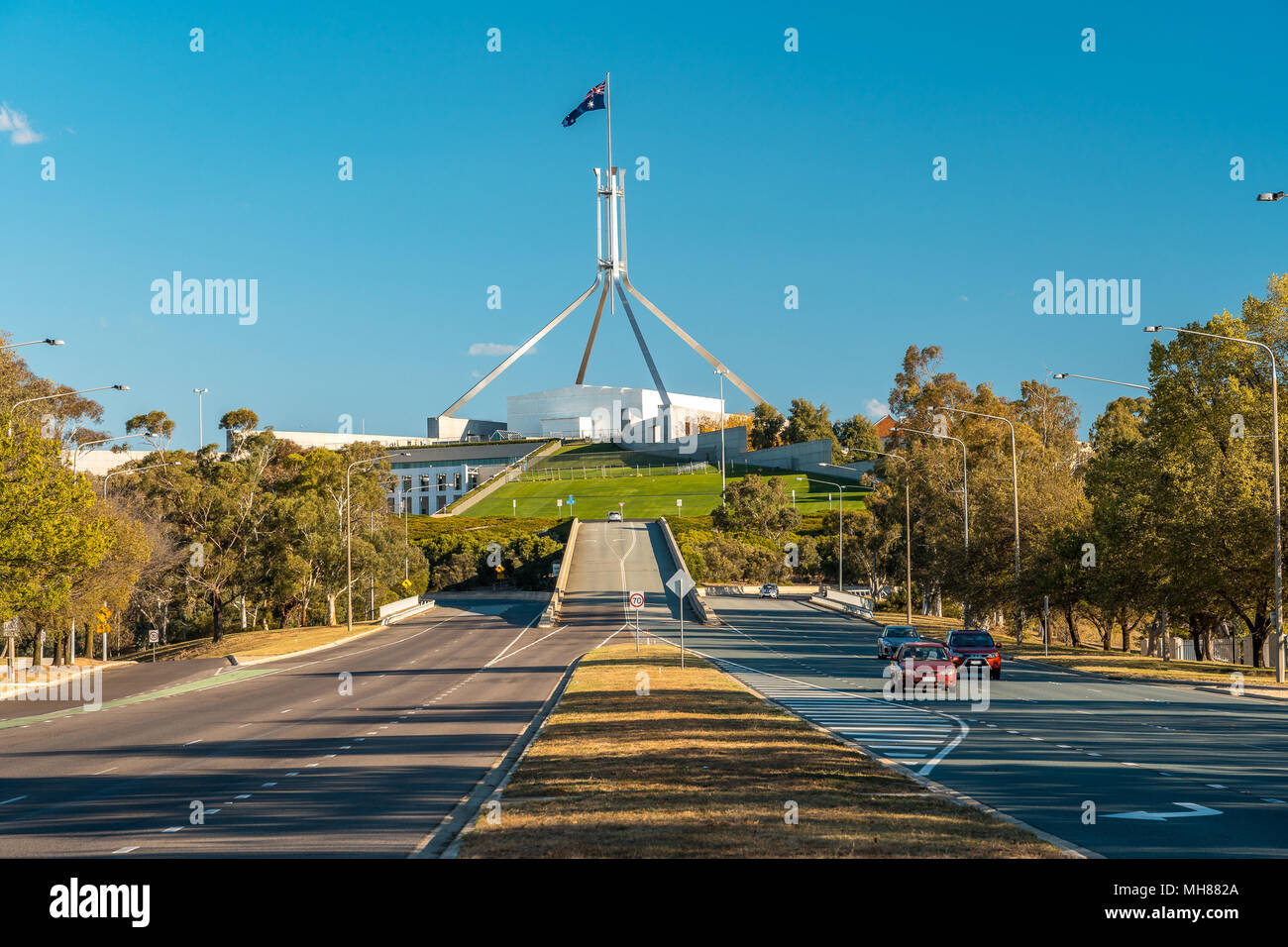 Road leading to the Parliament House in Canberra, Australia Stock Photo ...