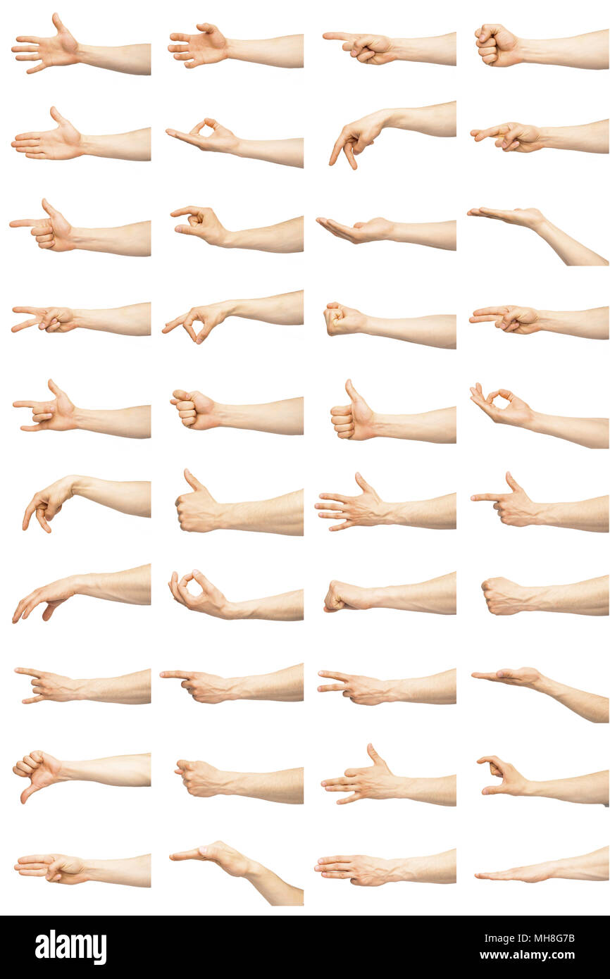 Multiple male caucasian hand gestures isolated over the white ...