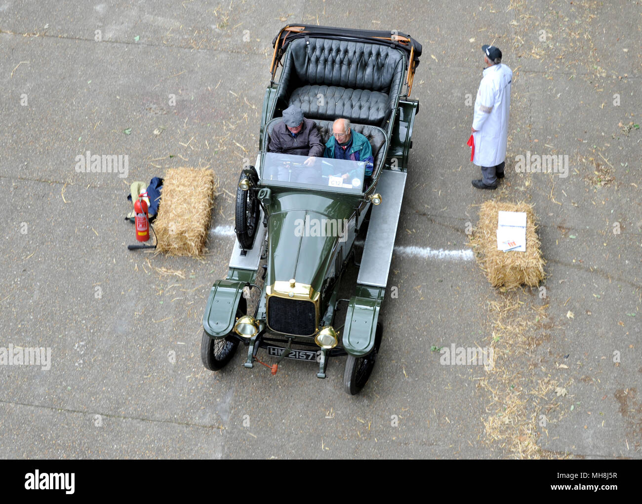 Classic car owners taking part in a time trial at the Brooklands Double ...