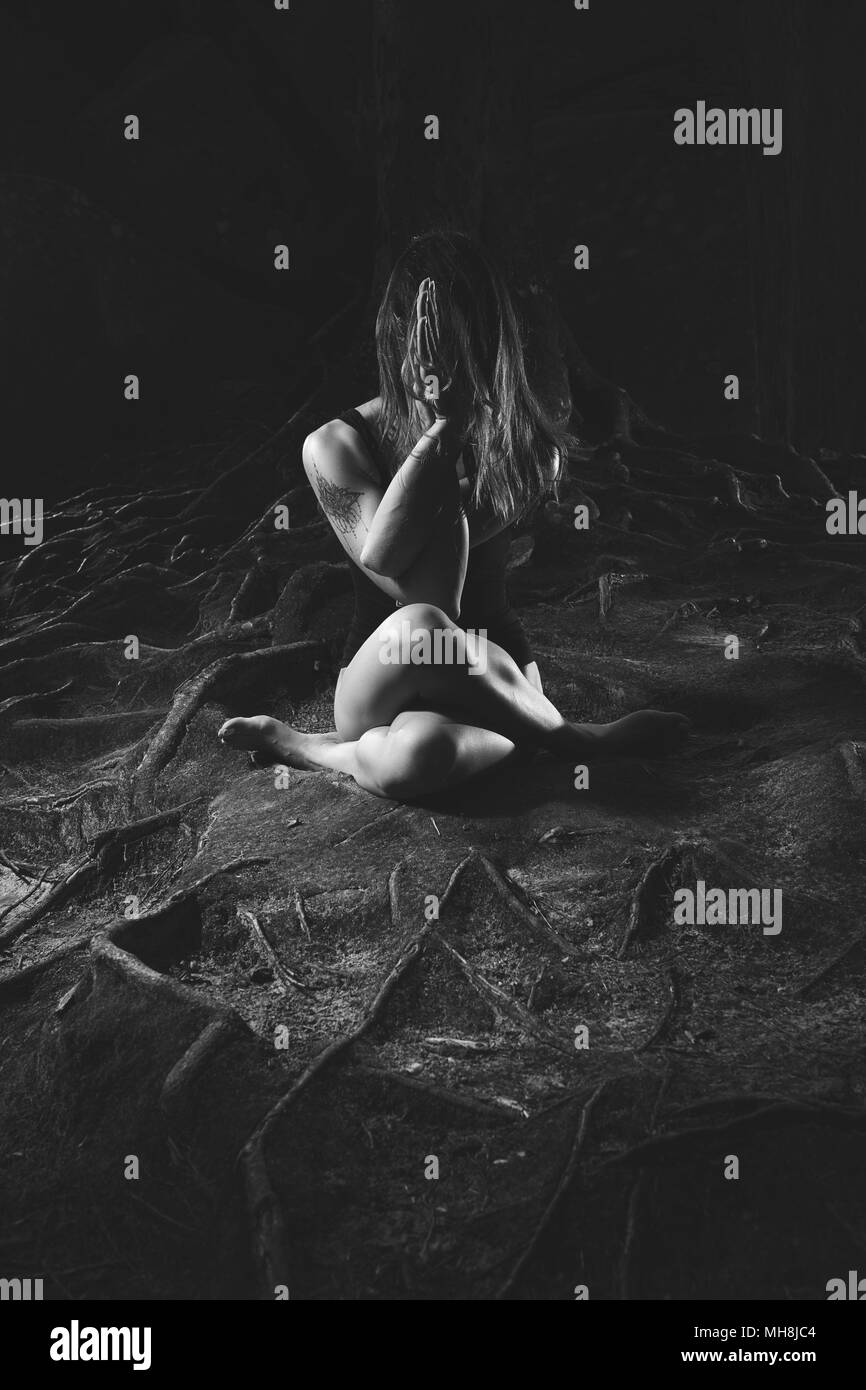 Yoga practicing harmony balance Black and White Stock Photos & Images ...