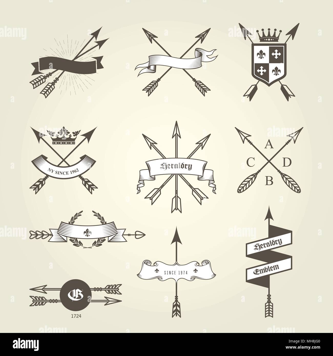 Set of coat of arms with bow arrows - emblems and blazons, heraldic ...