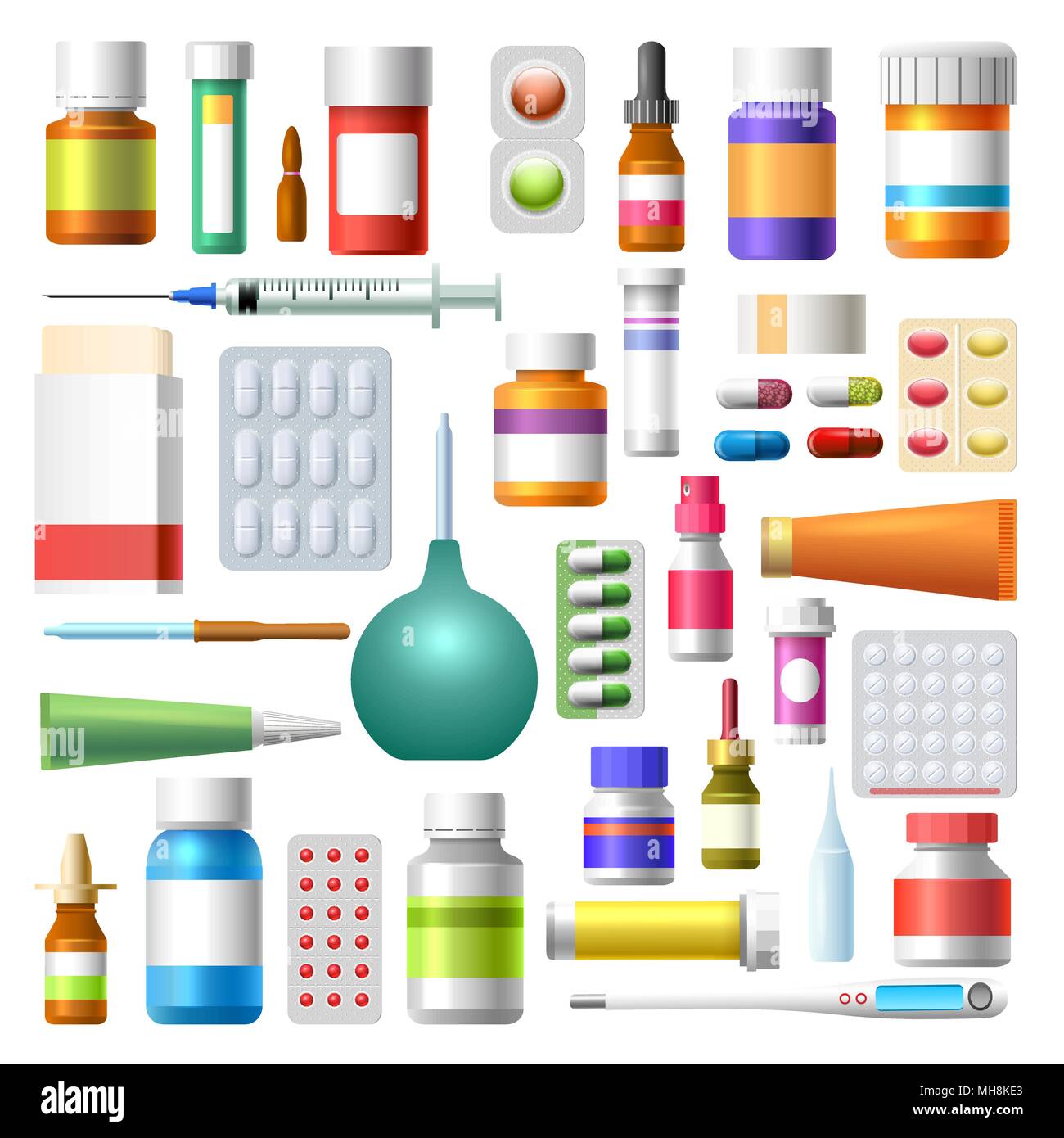 Medications. Medicine drugs, pharmacy bottles, containers with tablets ...