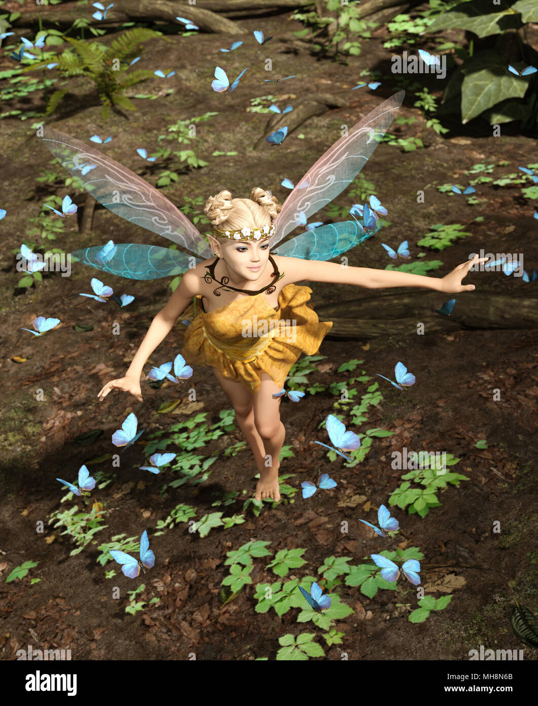 3d rendering of a fairy flying in a magical forest surrounded by flock ...