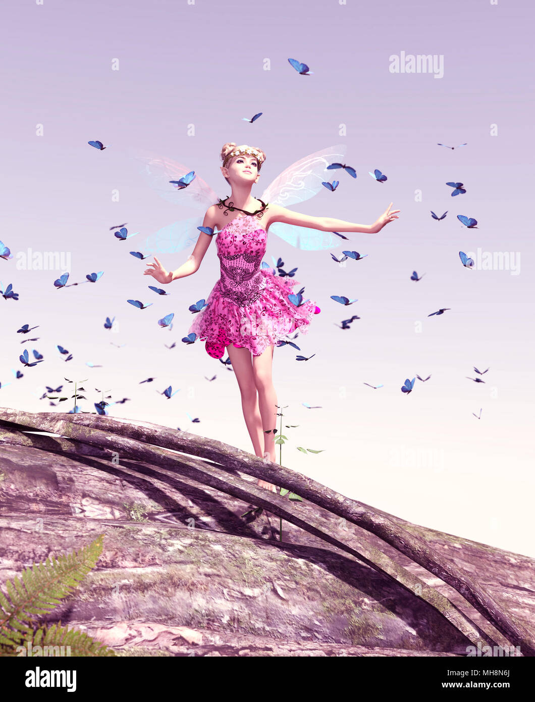 3d rendering of a fairy on a tree trunk on the sky surrounded by flock ...