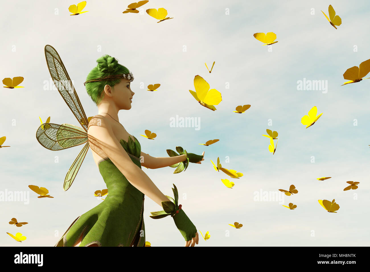 3d rendering of a fairy flying on the sky surrounded by flock ...