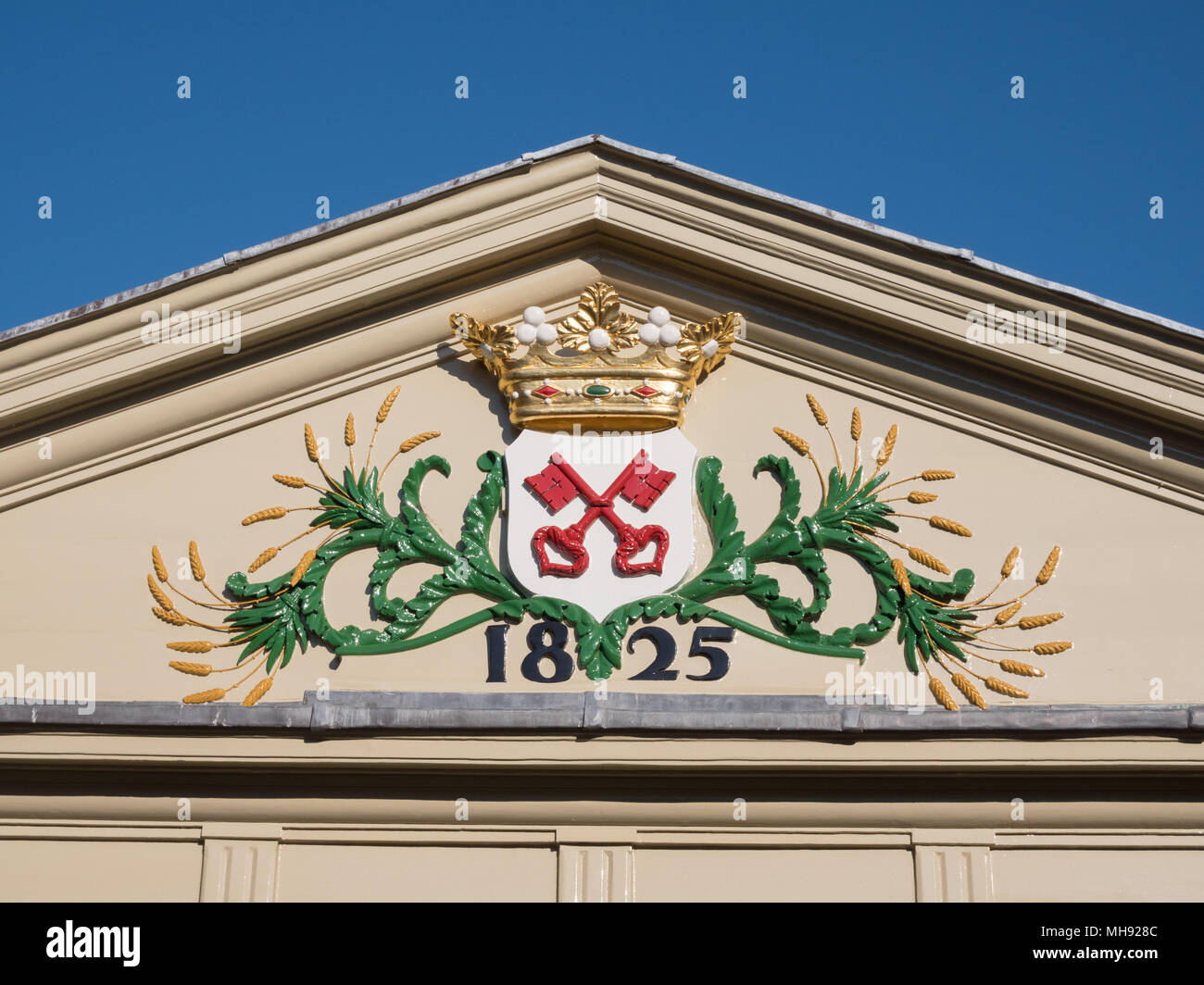 Coat of arms of the city of Leiden (2 crossed red keys) on the Corn ...