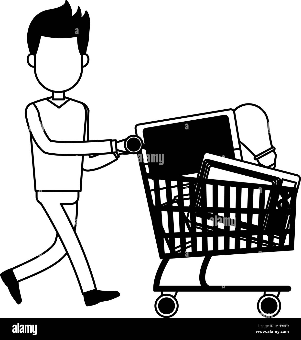 Young man pulling shopping cart on black and white colors Stock Vector ...