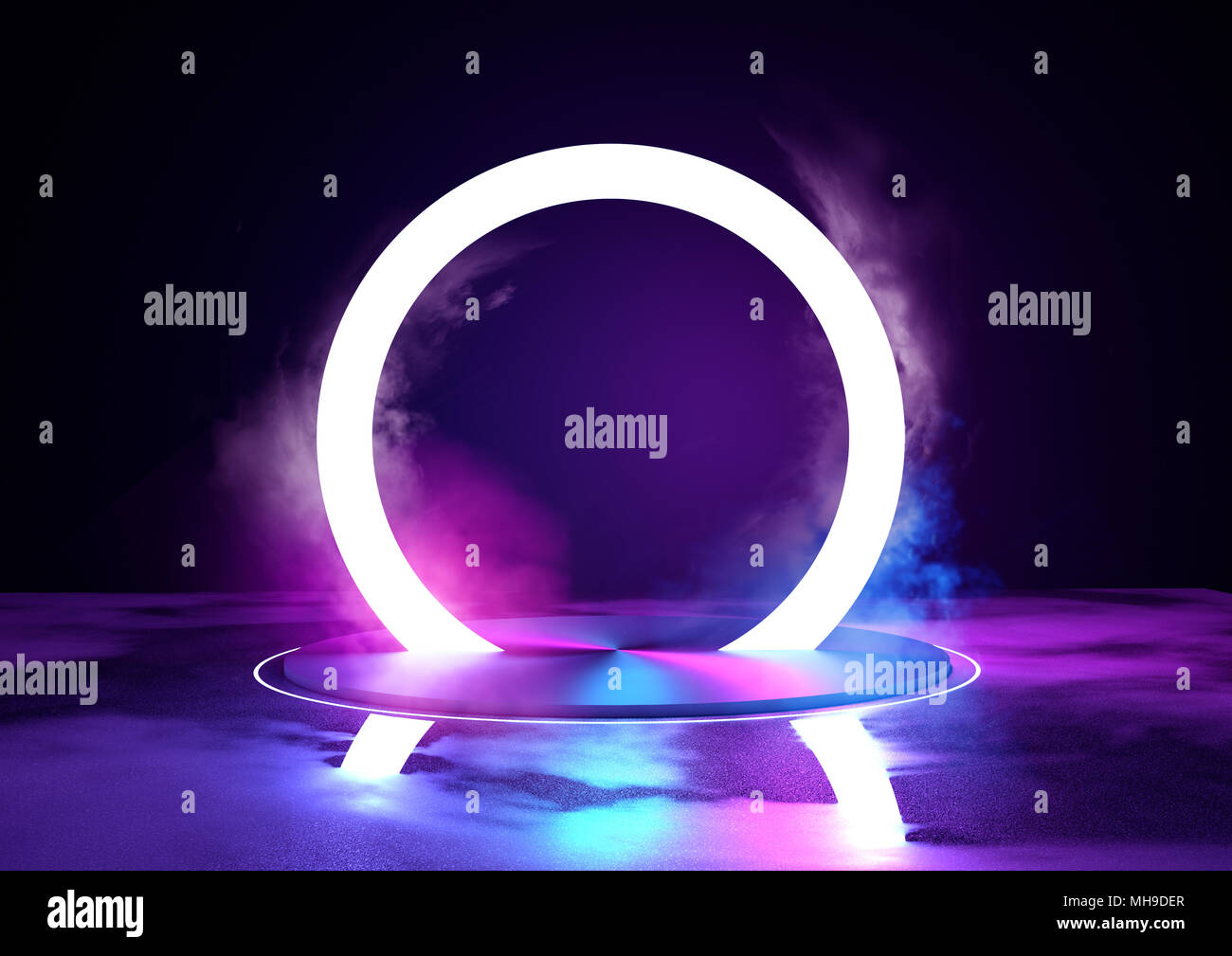 A large glowing neon loop sircle, futuristc background with platform ...