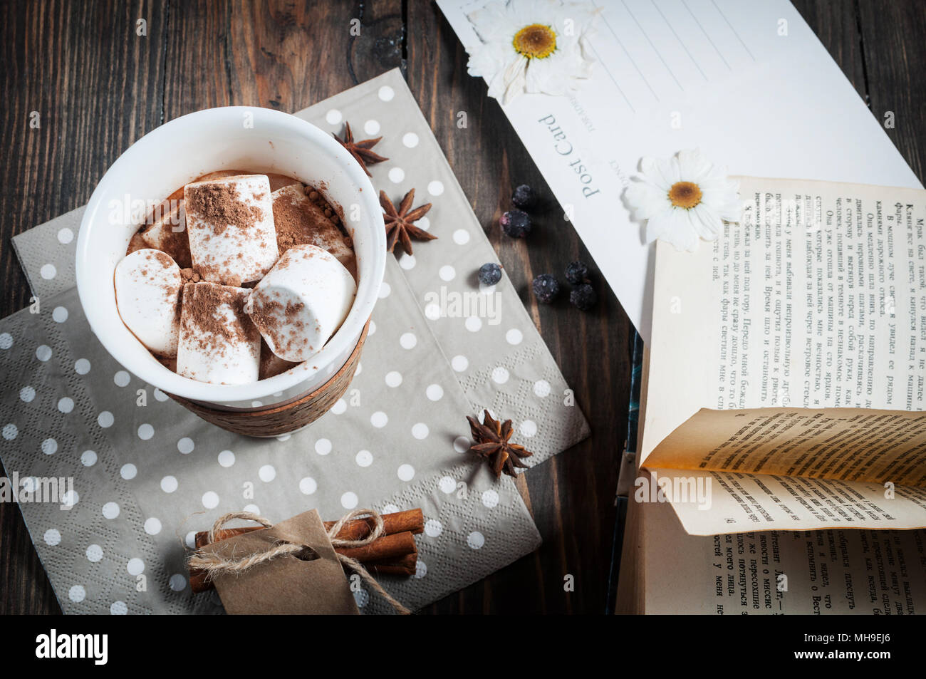 Hot chocolate drink with marshmallow and a book Stock Photo - Alamy