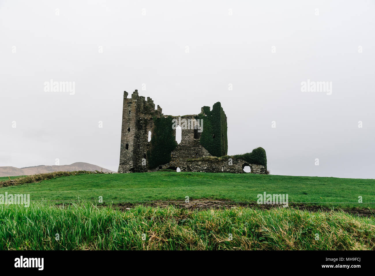 Old ruins of the castle of Cahersiveen in Ireland a misty day Stock ...