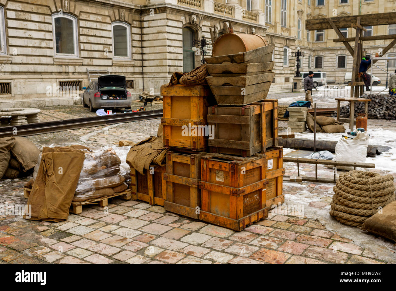 wooden boxes and boxes on the street Stock Photo - Alamy