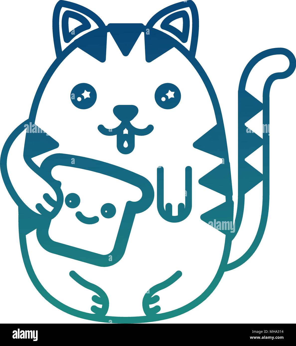 kawaii cat holding bread food cartoon vector illustration gradient ...