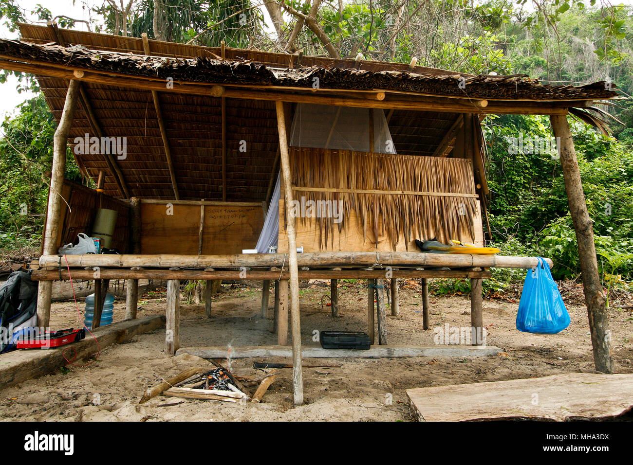 Small wooden cottage in deserted island. Gorontalo. Sulawesi. Indonesia ...