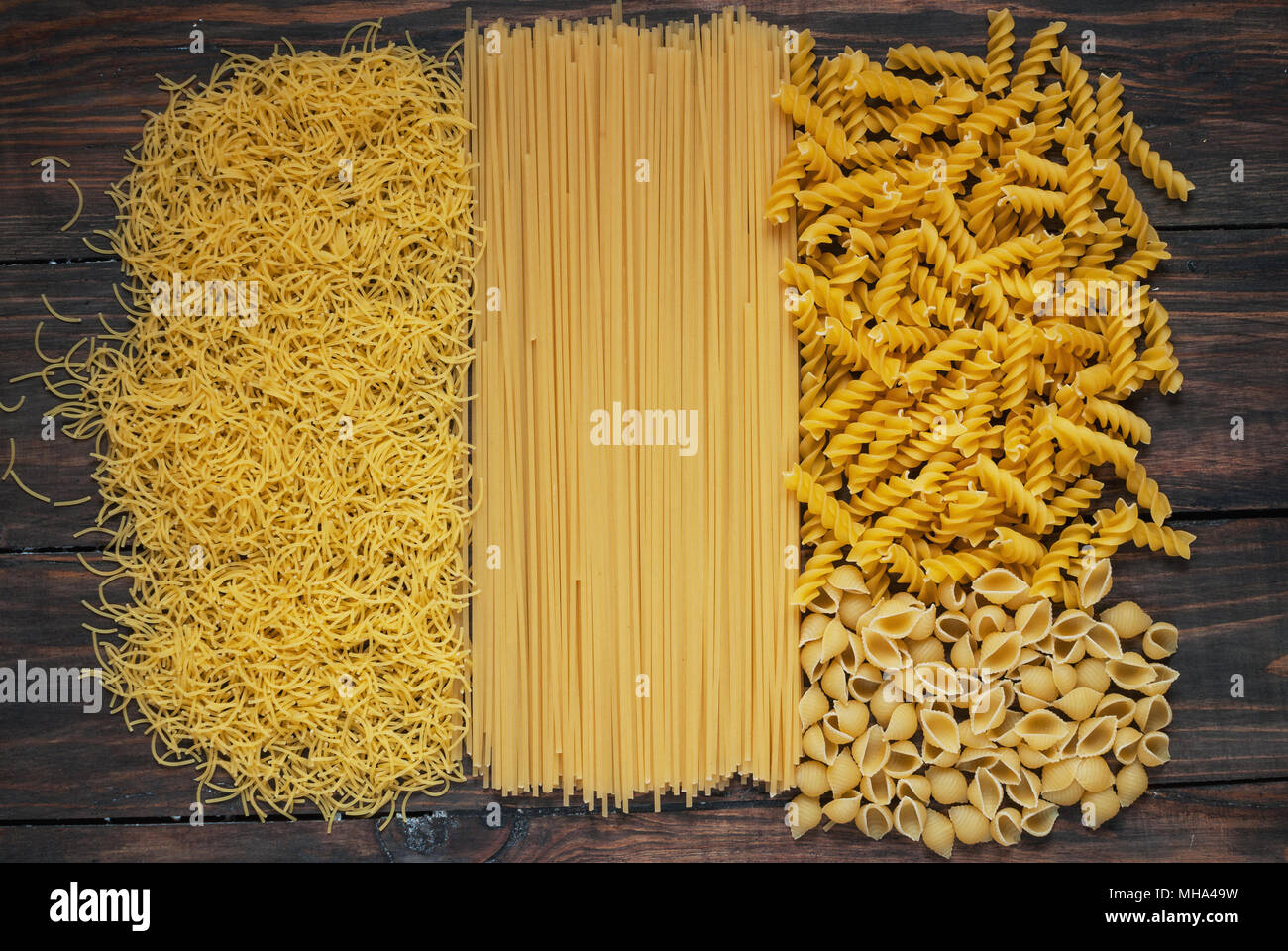 Variety of types and shapes Italian pasta. Dry pasta background Stock ...