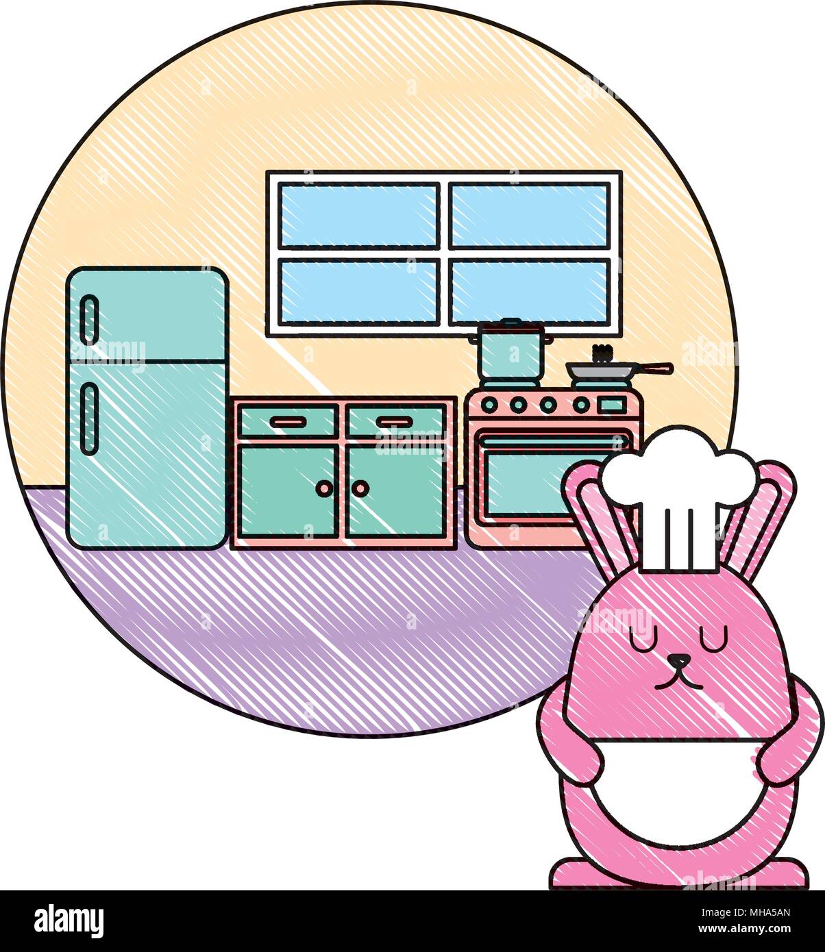 cute chef rabbit with kitchen scene kawaii character vector ...