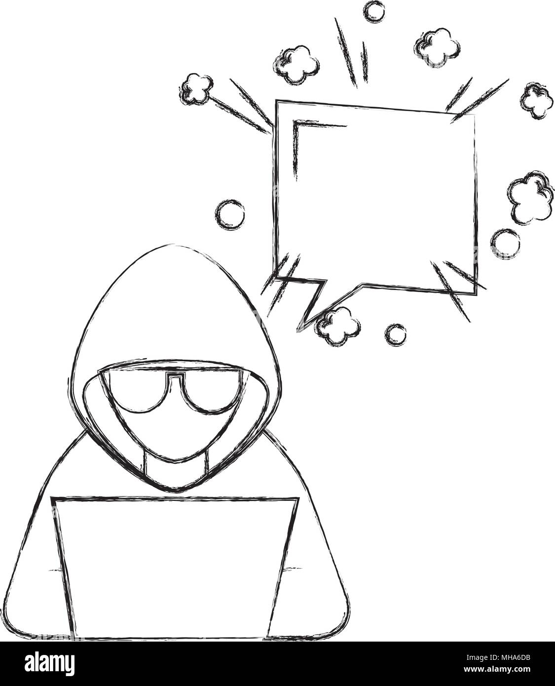 hacker working in laptop speech bubble vector illustration sketch Stock ...