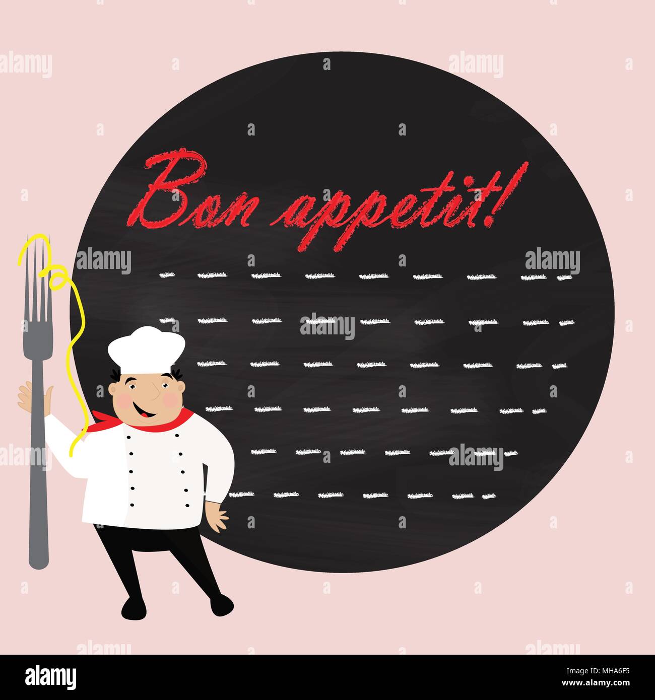 Happy cook with hat in uniform. Chef with big fork. Vector illustration ...