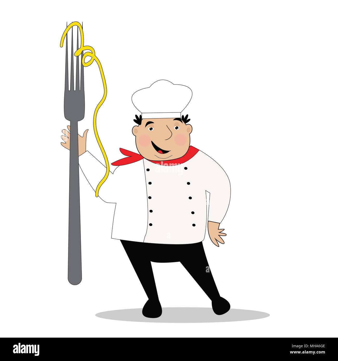Happy cook with hat in uniform. Chef with big fork. Vector illustration ...