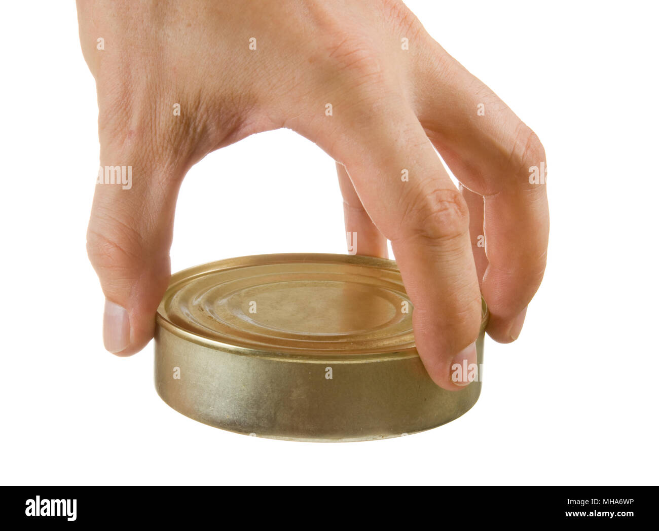 Food can in hand isolated on white background Stock Photo - Alamy
