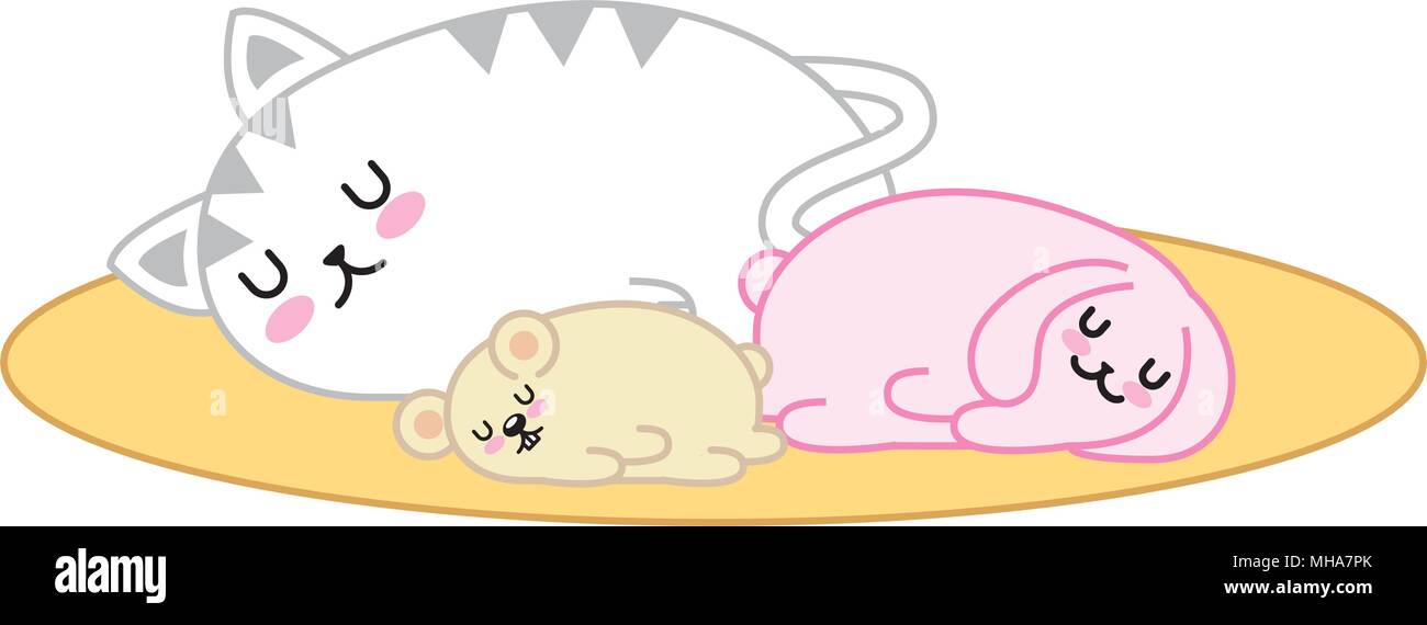 cute hamster with rabbit and cat sleeping kawaii character vector ...