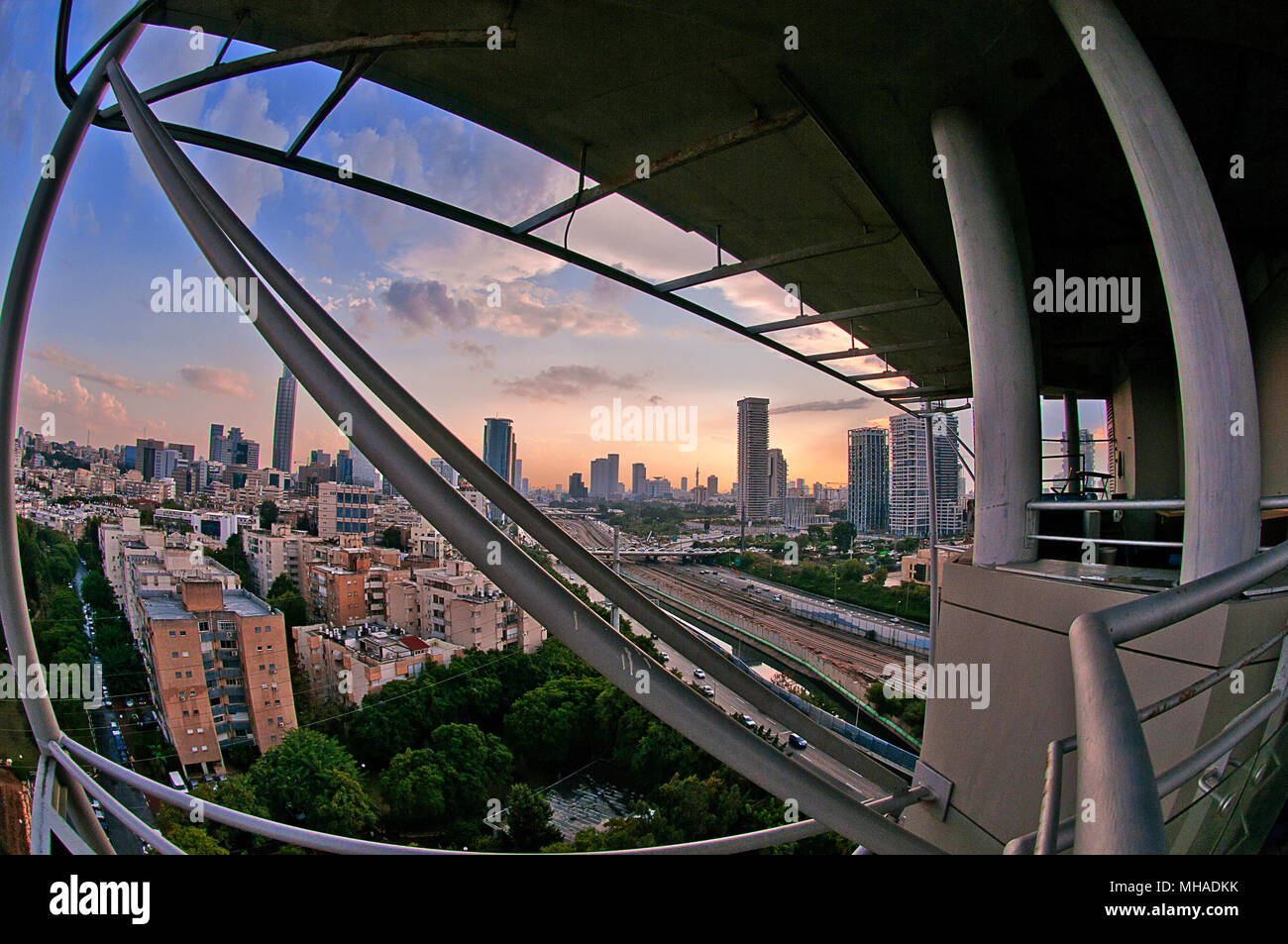 Beautiful sunset view of Tel Aviv downtown from top of skyscraper ...