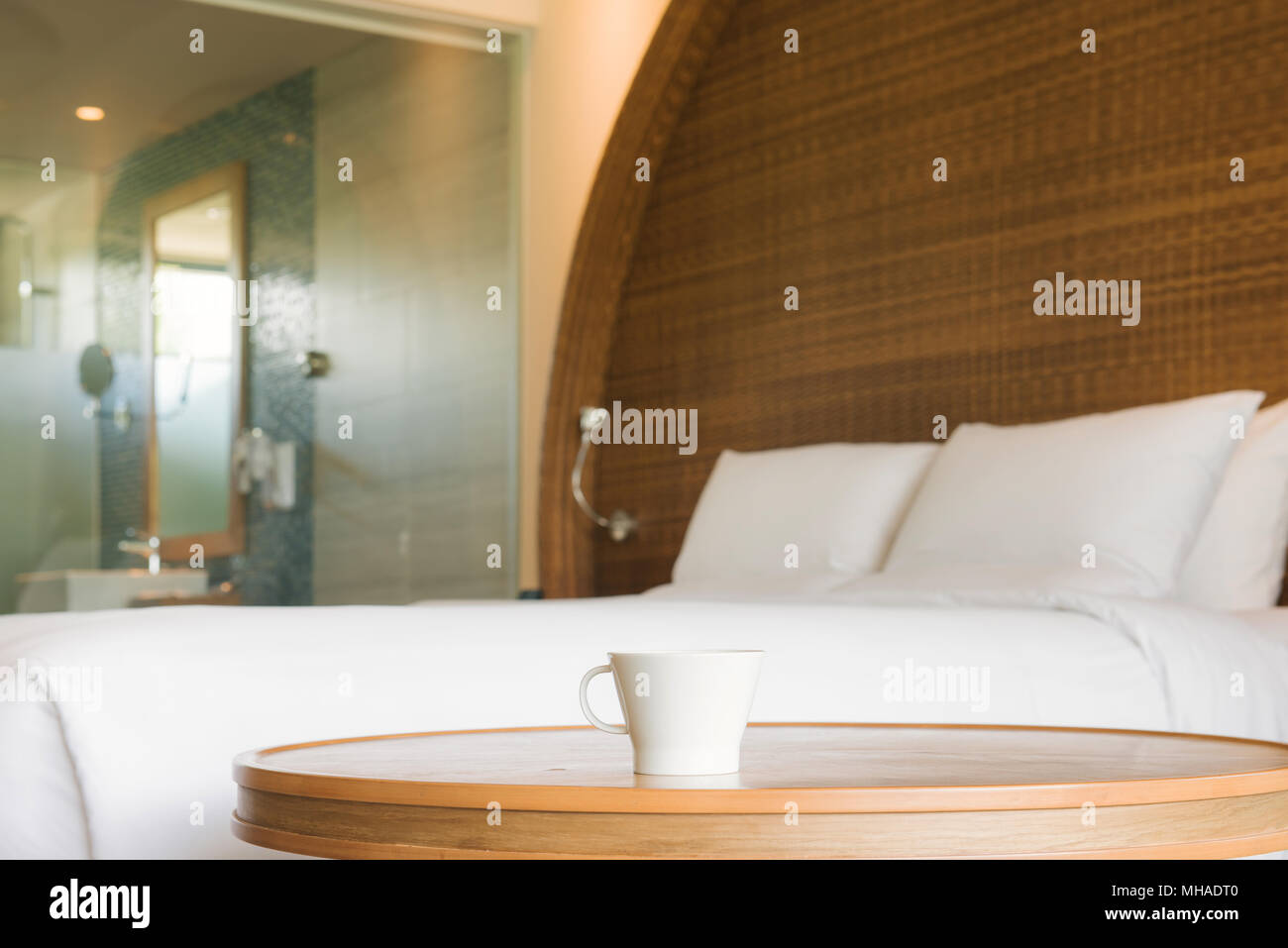Hotel room Interior. Close-up on coffee cup Stock Photo - Alamy