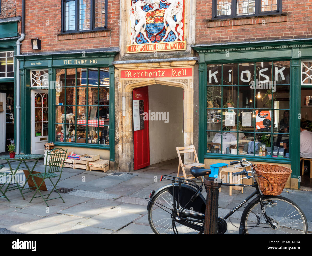 Shops and entrance to the Merchant Adventurers Hall in Fossgate York ...