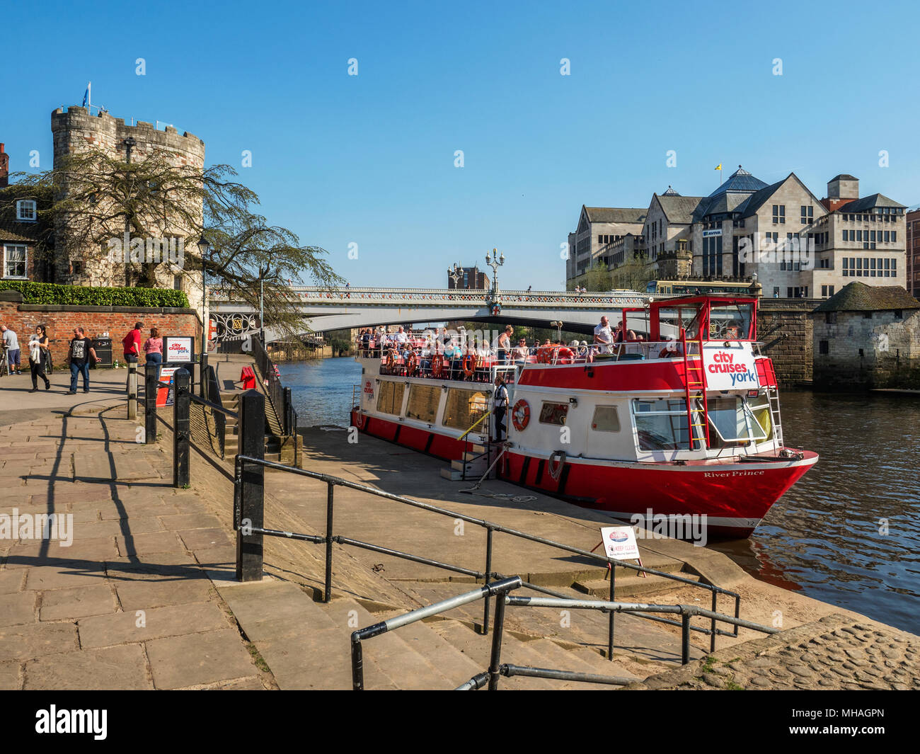 River boat mooring at Lendal Landing in the River Ouse in York ...