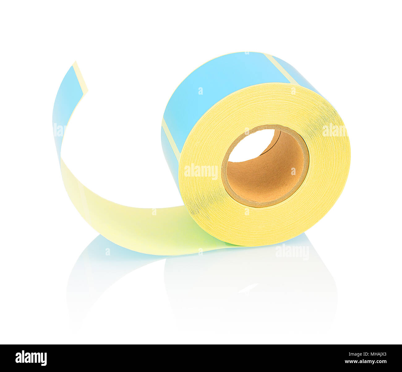 Blue label roll isolated on white background with shadow reflection ...