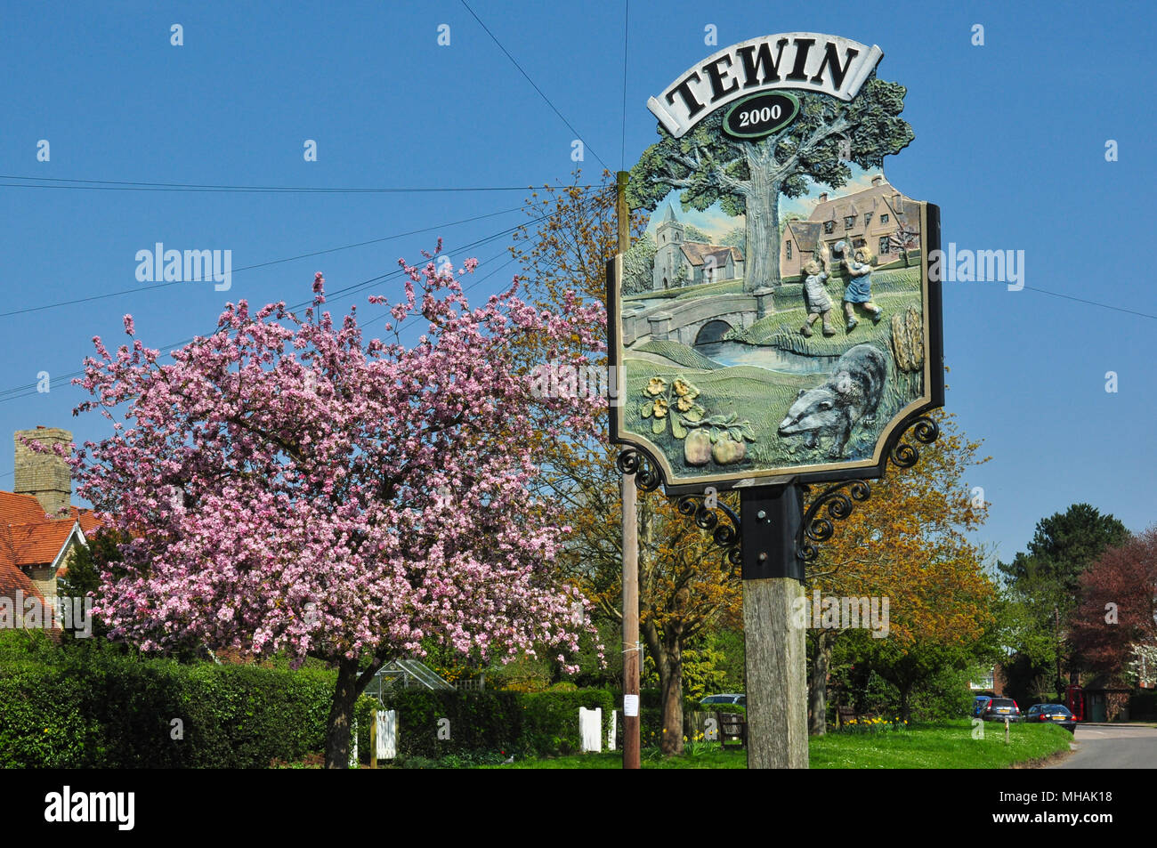 Village sign and spring blossom, Tewin, Hertfordshire, England, UK ...