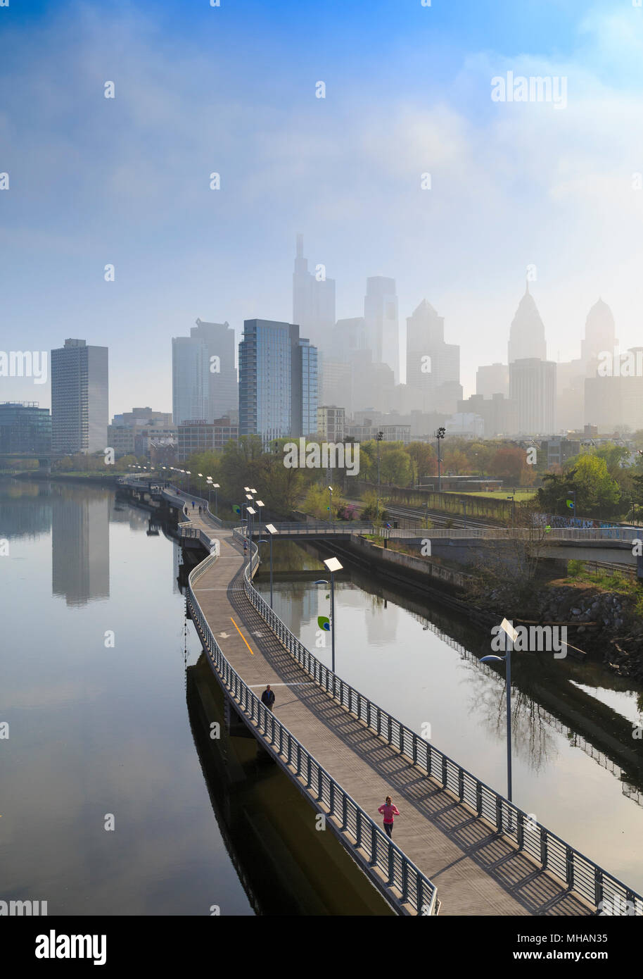 Philadelphia Skyline with Schuylkill River Park Boardwalk in springtime ...