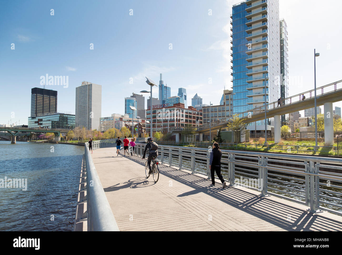 Philadelphia Skyline with Schuylkill River Park Boardwalk in springtime ...